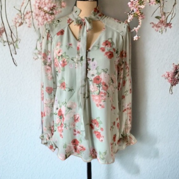 OLM | Tops | Olm Mint Green Floral Ruffle Trim Tie Neck Blousesize ...